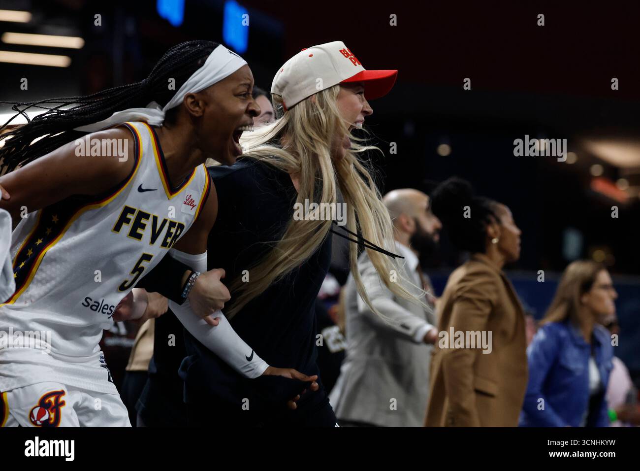 Indiana Fever guard Shey Peddy (5) and Sophie Cunningham react after ...