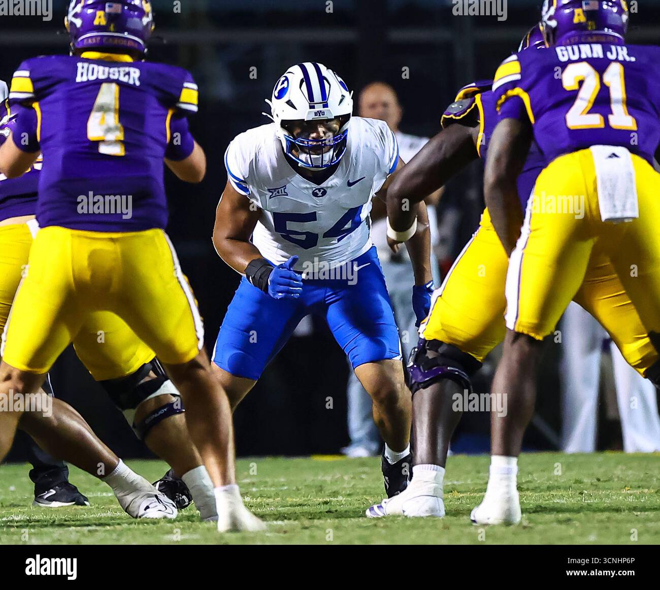September 20, 2025: BYU linebacker Siale Esera (54) rushes line. NCAA ...
