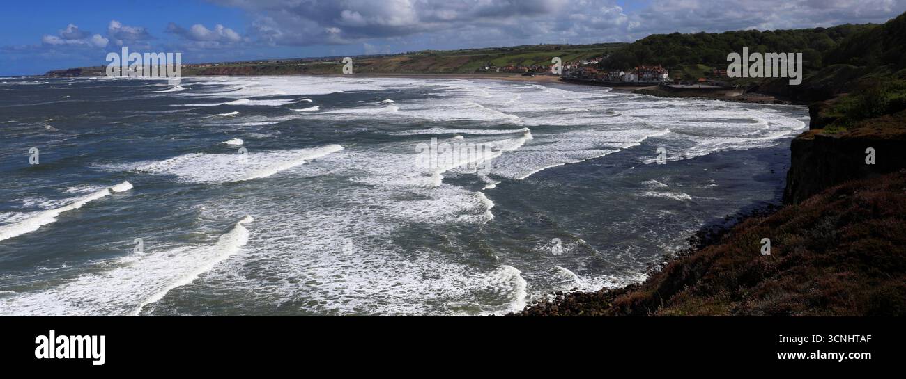 View over Sandsend Bay, Sandsend village, North Yorkshire coast ...