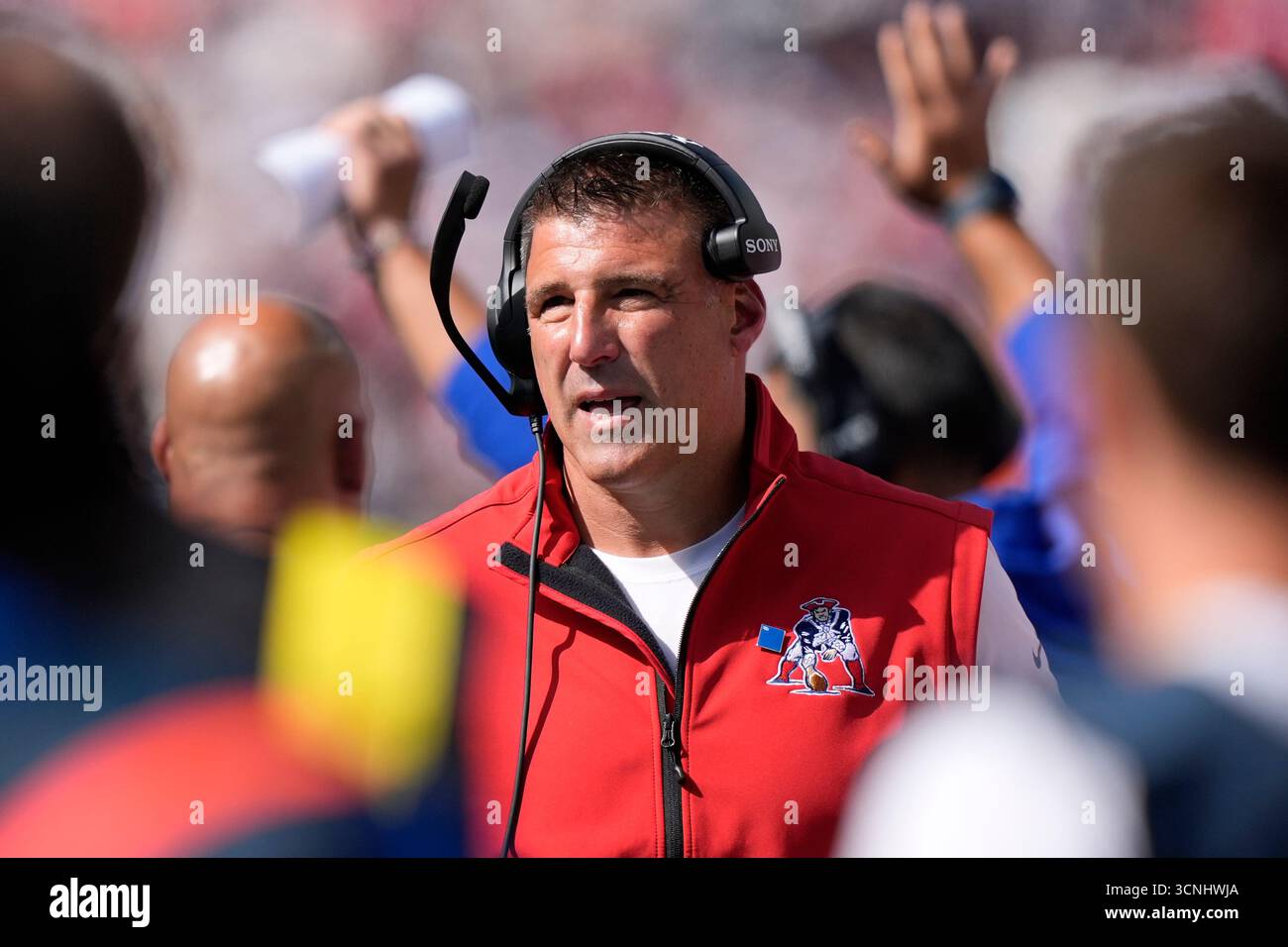 New England Patriots head coach Mike Vrabel looks on during the first ...