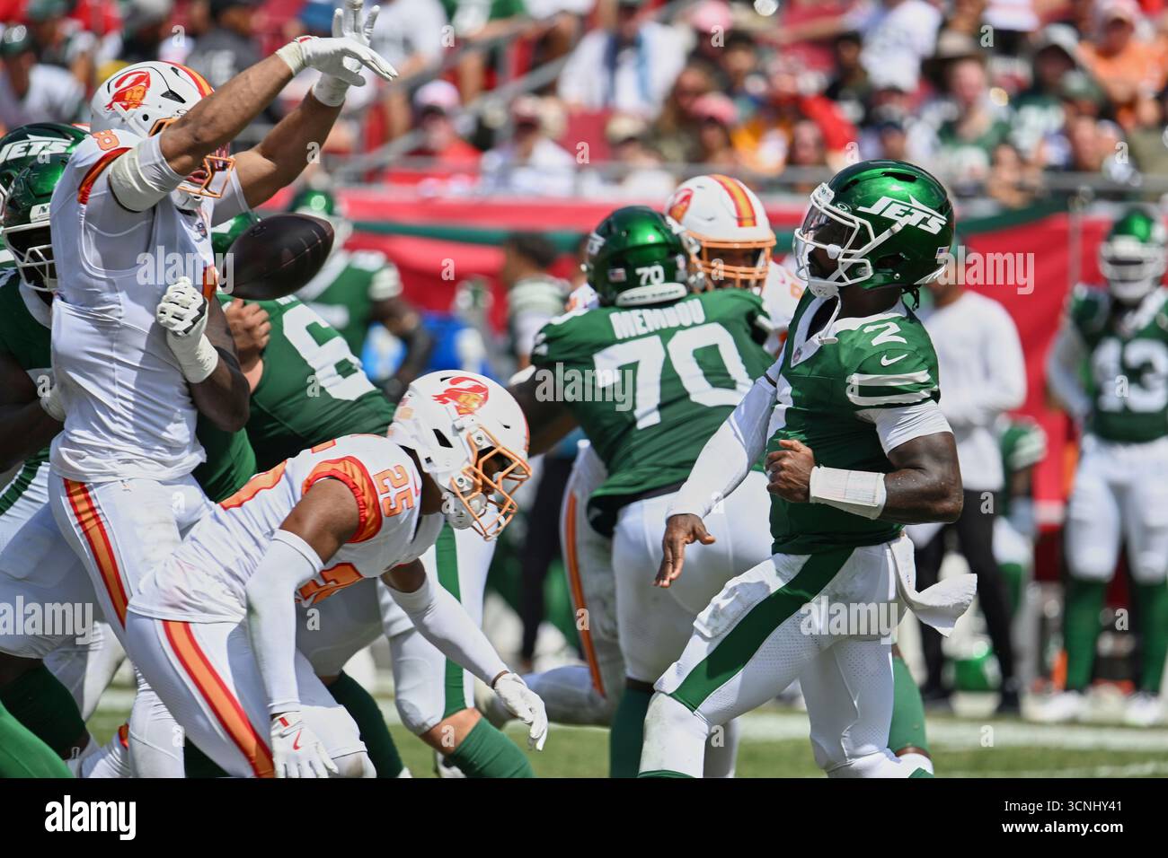 Tampa Bay Buccaneers linebacker Sirvocea Dennis (8) breaks up a pass by ...