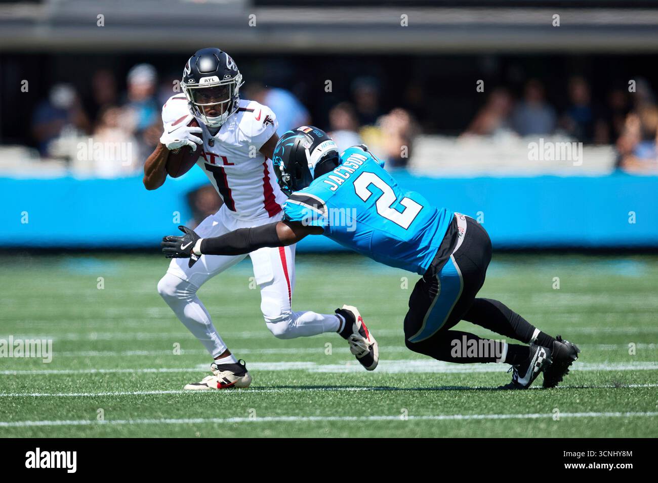 Atlanta Falcons wide receiver Darnell Mooney (1) is tackled by Carolina ...