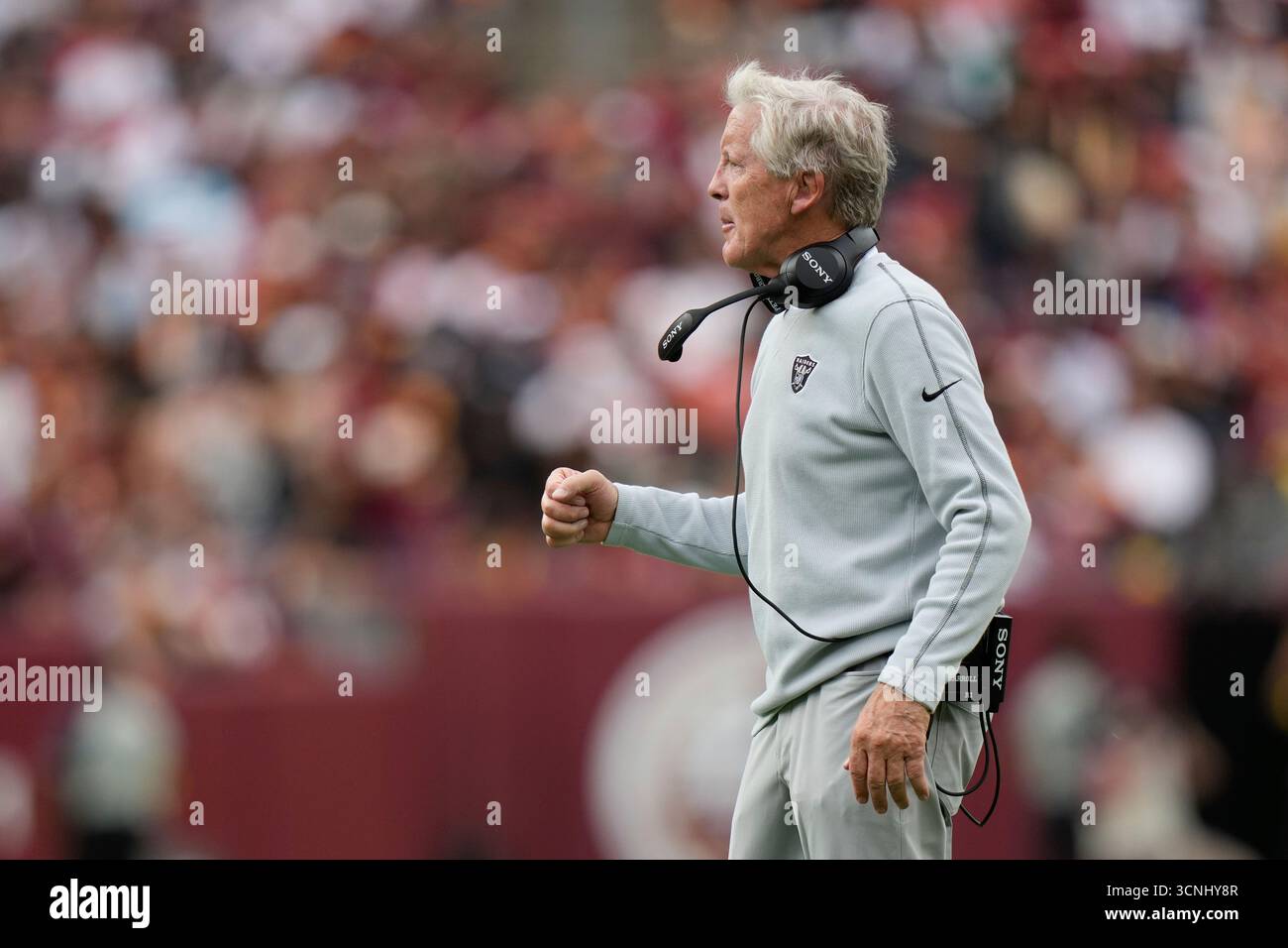 Las Vegas Raiders Pete Carroll reacts during the first half of NFL ...