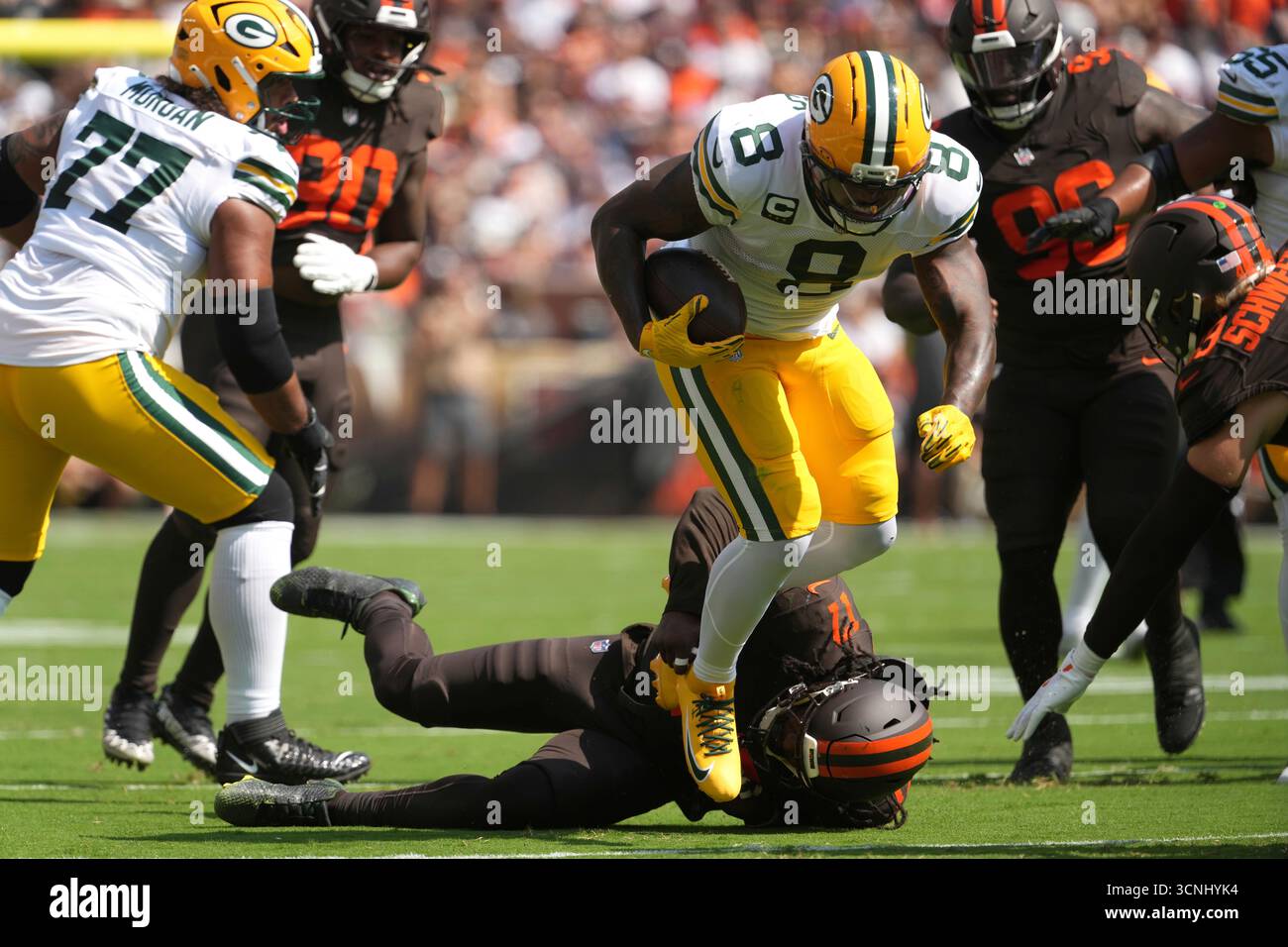 Green Bay Packers running back Josh Jacobs (8) carries the ball as ...