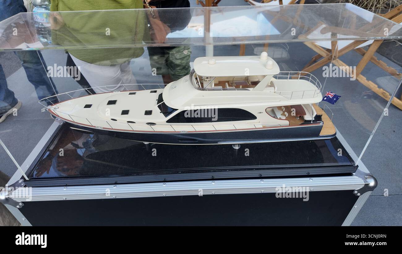Genoa, Italy. 21 September 2025. A scale model of a luxury yacht is ...