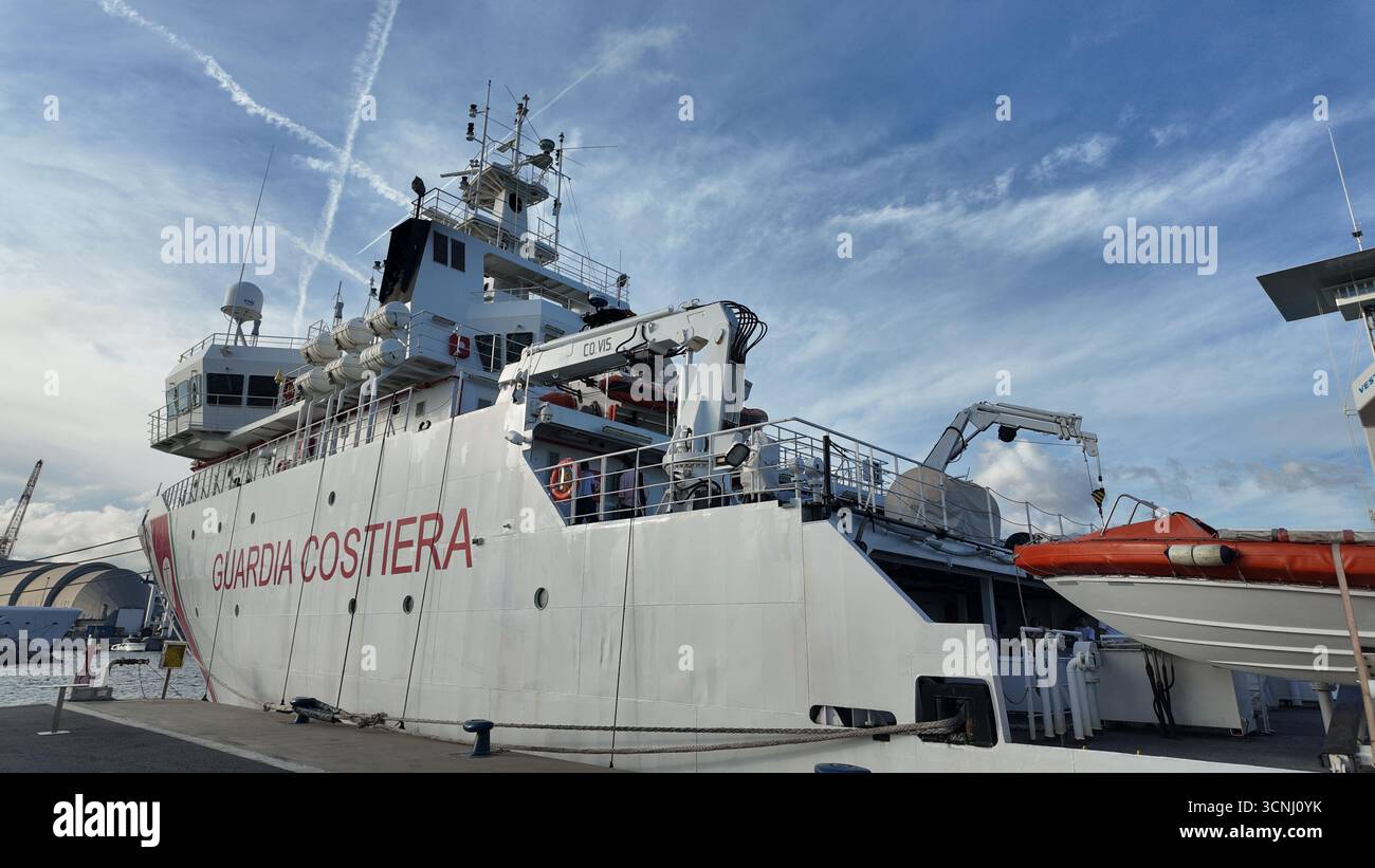 Genoa, Italy. 21 September 2025. An Italian Coast Guard vessel ...