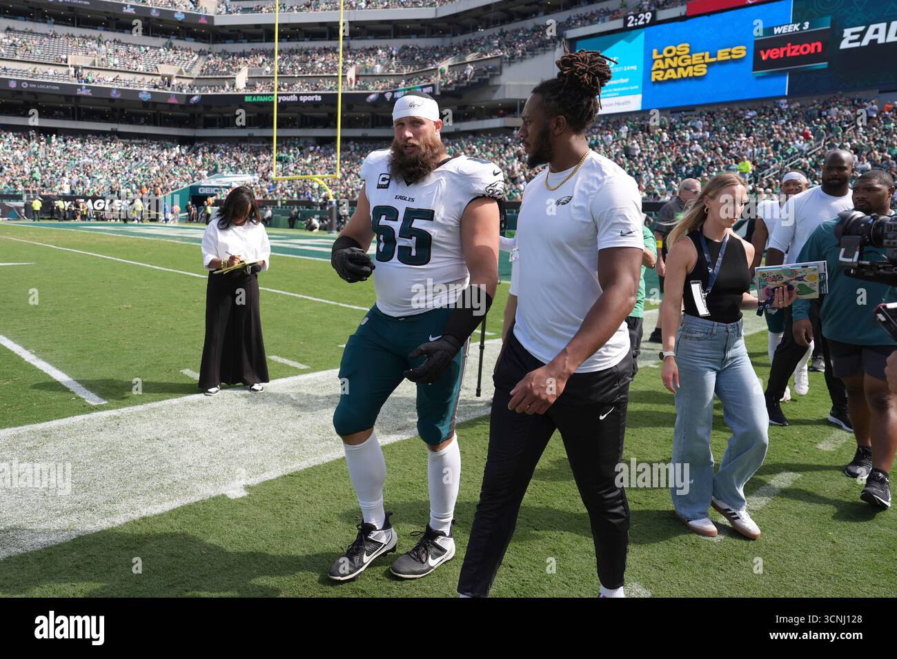 Philadelphia Eagles tackle Lane Johnson (65) is seen on the sideline ...