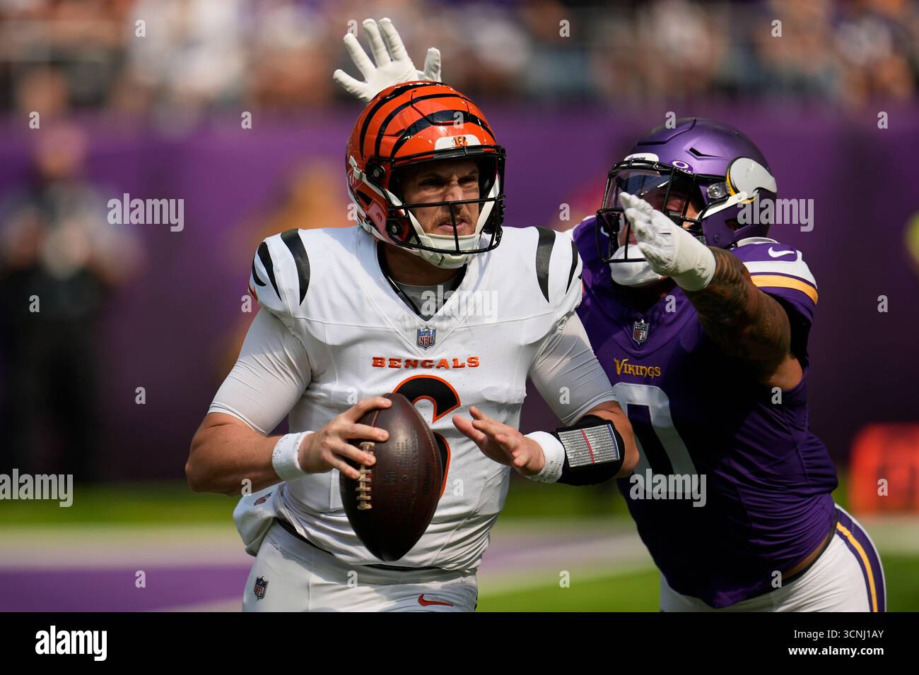 Cincinnati Bengals quarterback Jake Browning is chased by Minnesota ...