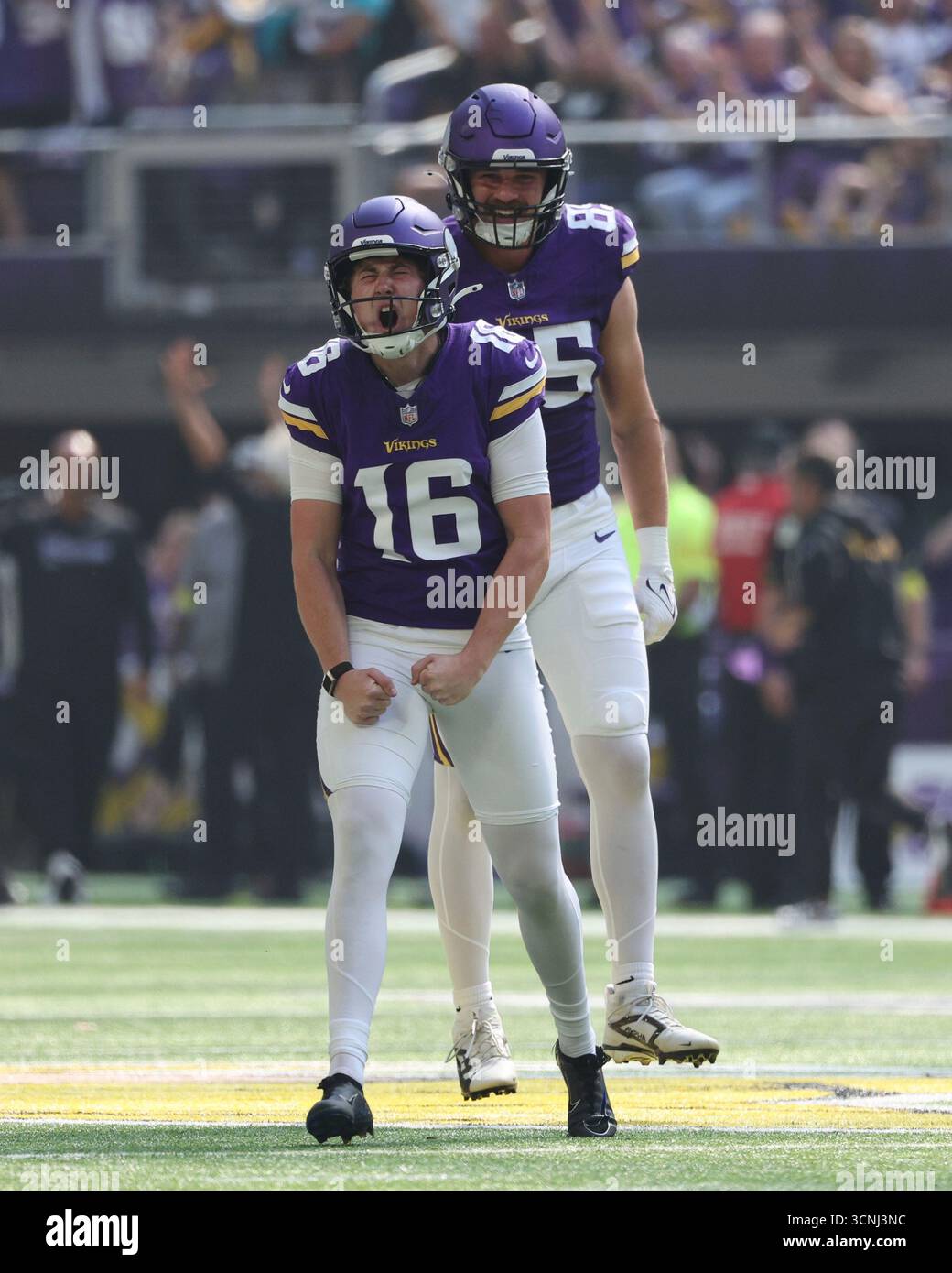 Minnesota Vikings kicker Will Reichard celebrates a 62-yard field goal ...