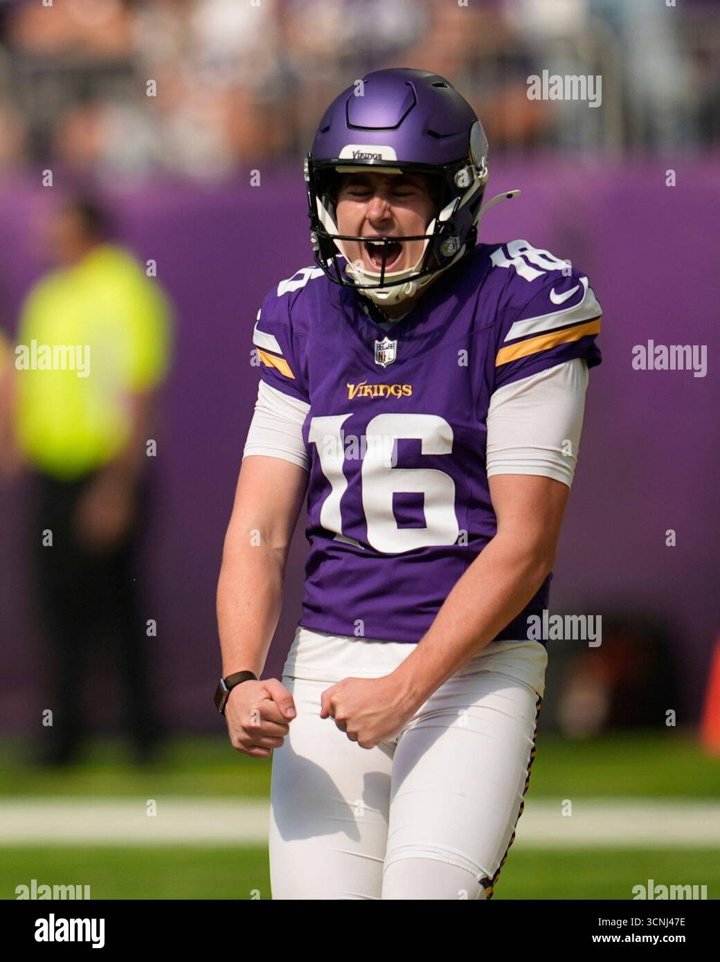 Minnesota Vikings kicker Will Reichard celebrates a 62-yard field goal ...
