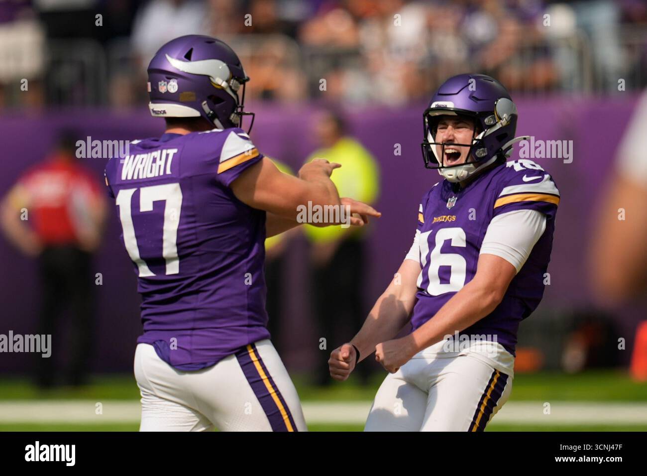 Minnesota Vikings kicker Will Reichard celebrates a 62-yard field goal ...