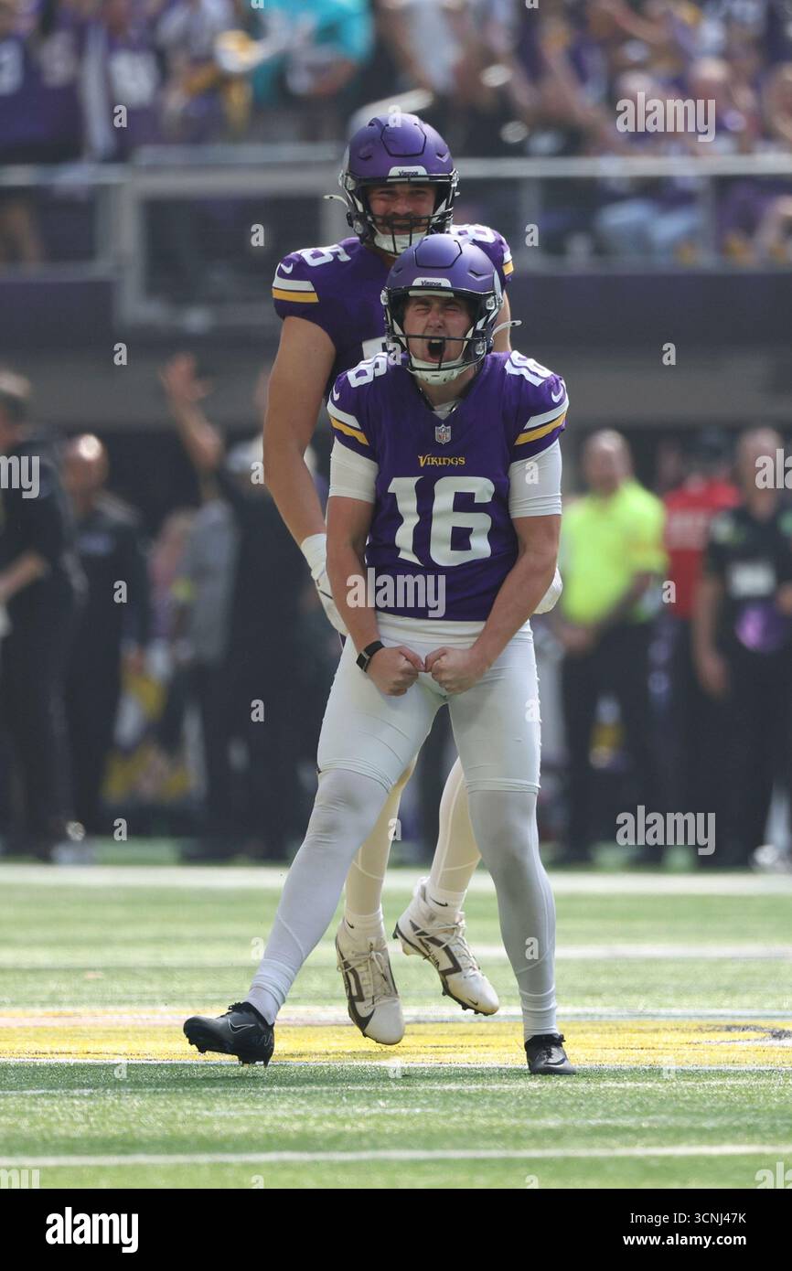 Minnesota Vikings kicker Will Reichard celebrates a 62-yard field goal ...