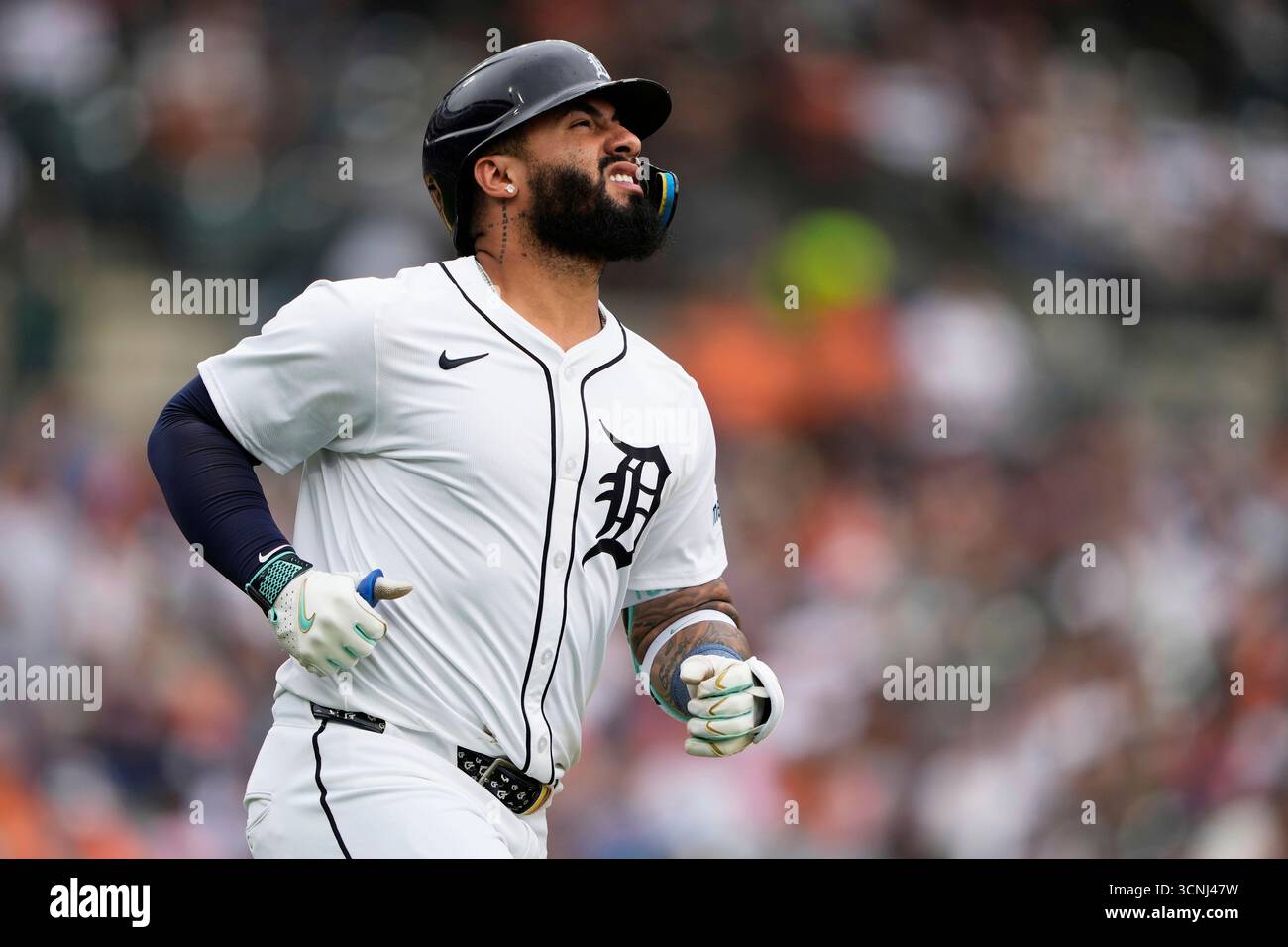 Detroit Tigers' Gleyber Torres reacts after flying out to Atlanta ...