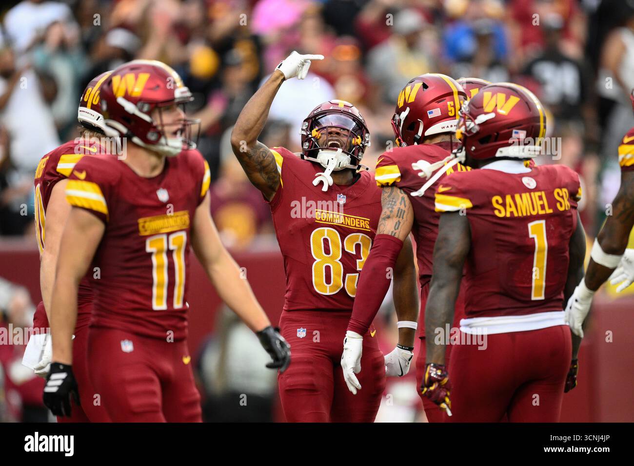 Washington Commanders wide receiver Jaylin Lane (83) reacts after ...