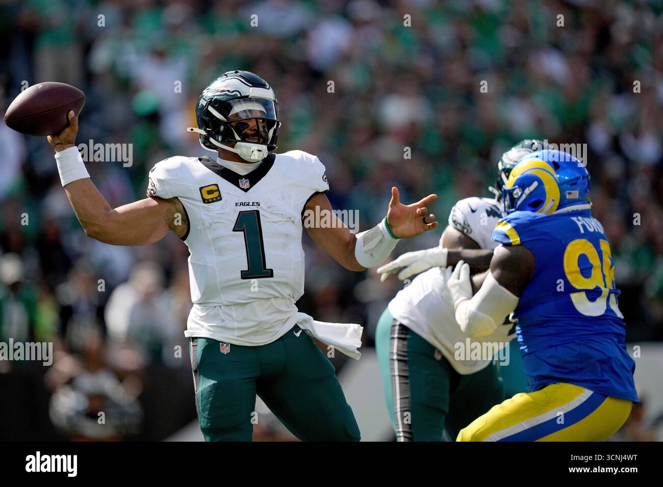 Philadelphia Eagles quarterback Jalen Hurts (1) throws as Los Angeles ...