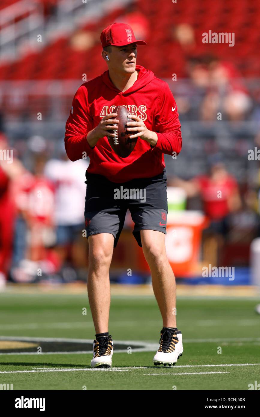 San Francisco 49ers quarterback Mac Jones warms up prior to an NFL ...