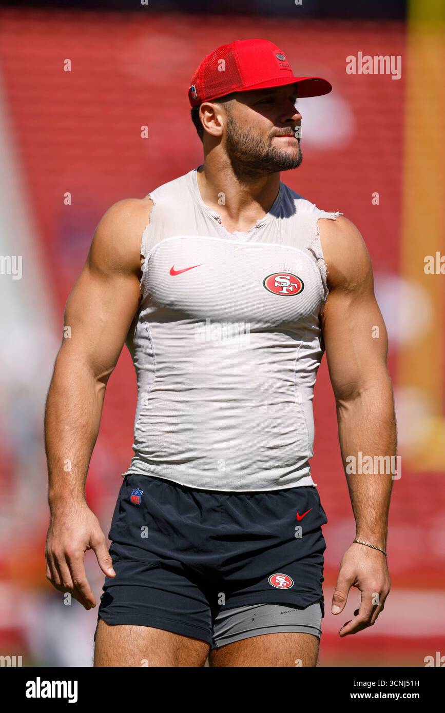 San Francisco 49ers defensive end Nick Bosa warms up prior to an NFL ...