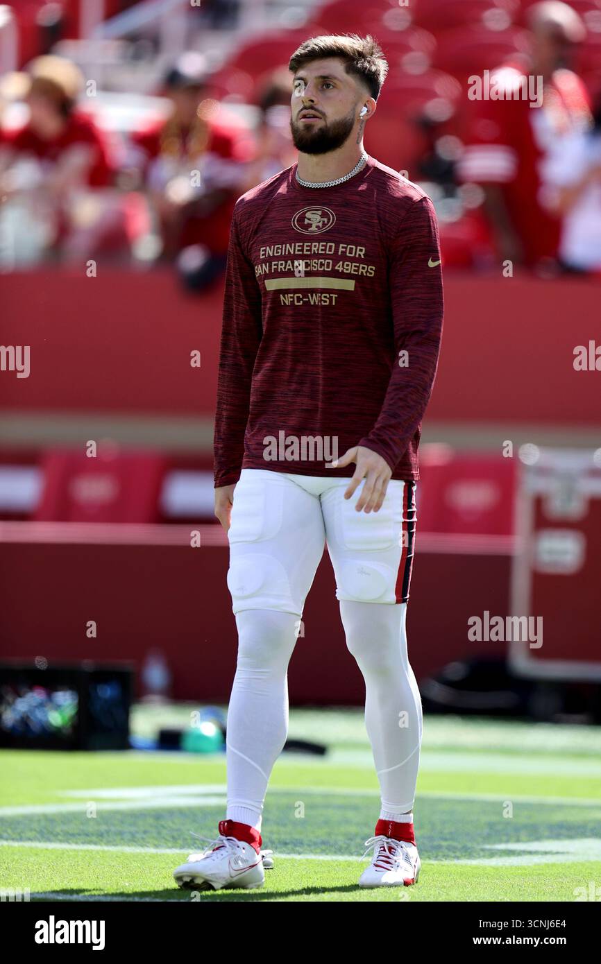 San Francisco 49ers wide receiver Ricky Pearsall (1) warms up during an ...