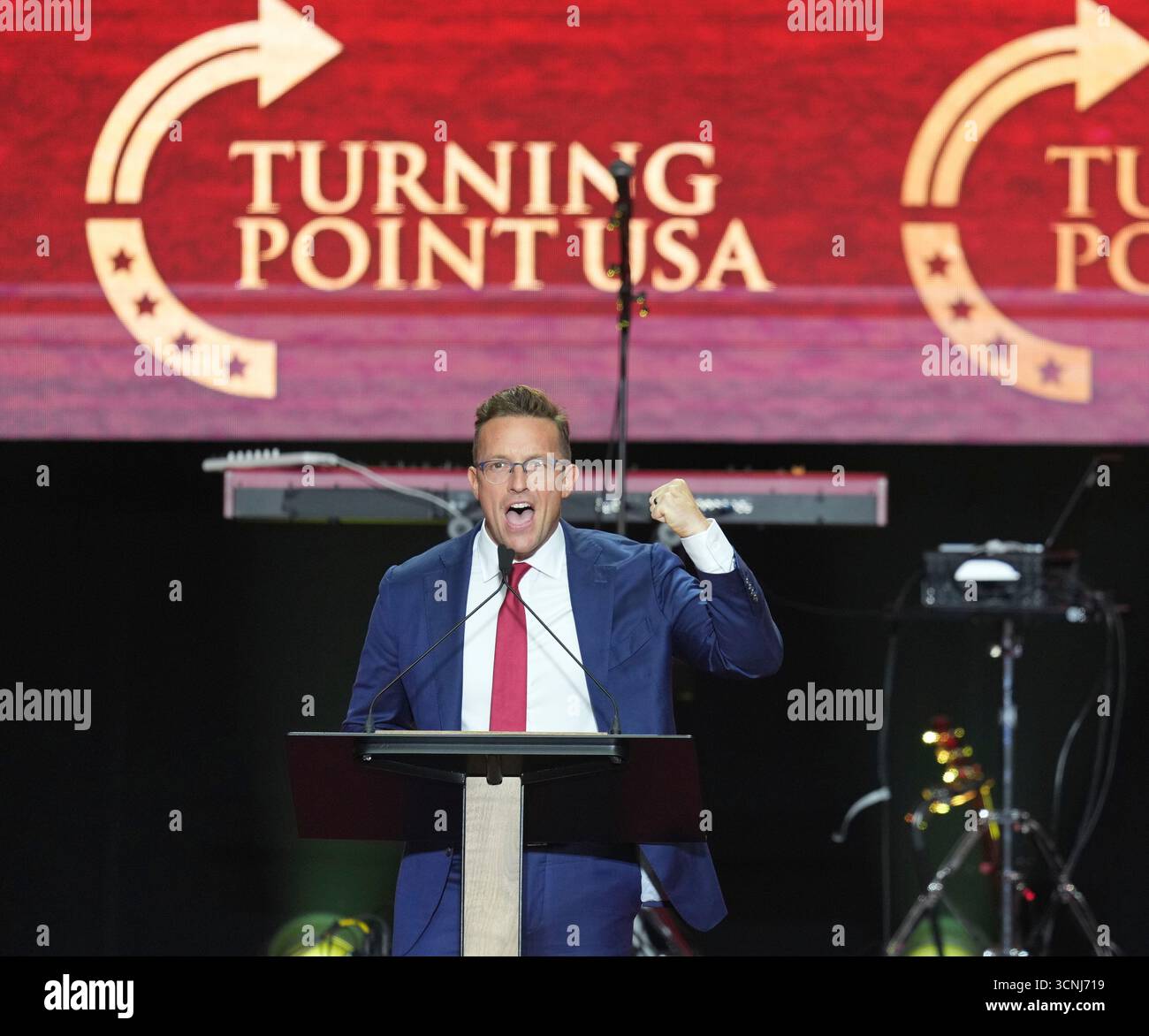 Benny Johnson speaks at a memorial for Charlie Kirk, Sunday, Sept. 21 ...