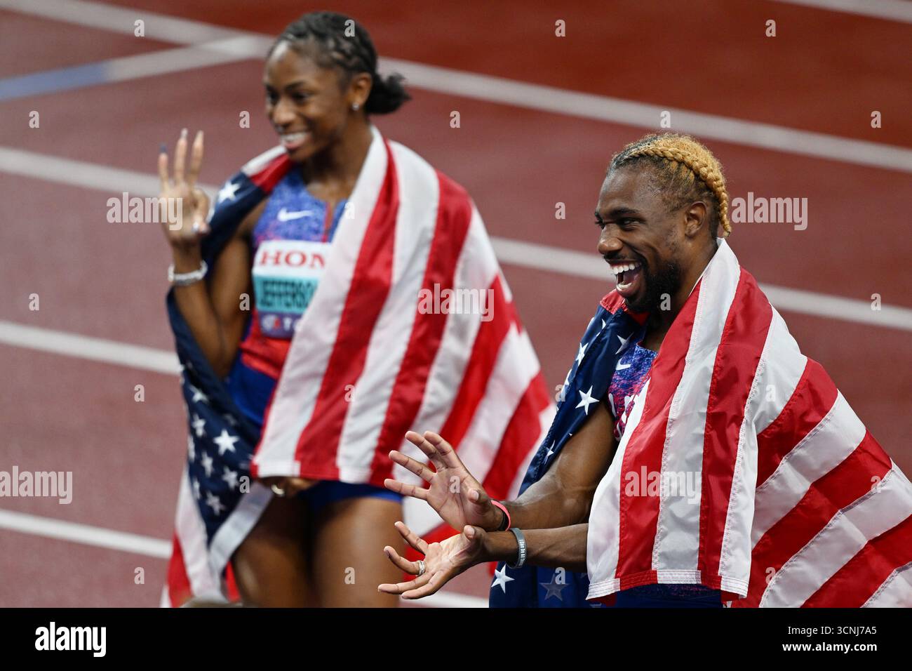 (L-R) Melissa JEFFERSON-WOODEN (USA), Noah LYLES (USA), SEPTEMBER 21 ...