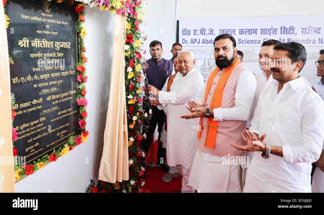 PATNA, INDIA - SEPTEMBER 21: Bihar Chief Minister Nitish Kumar with Deputy Chief Ministers ...