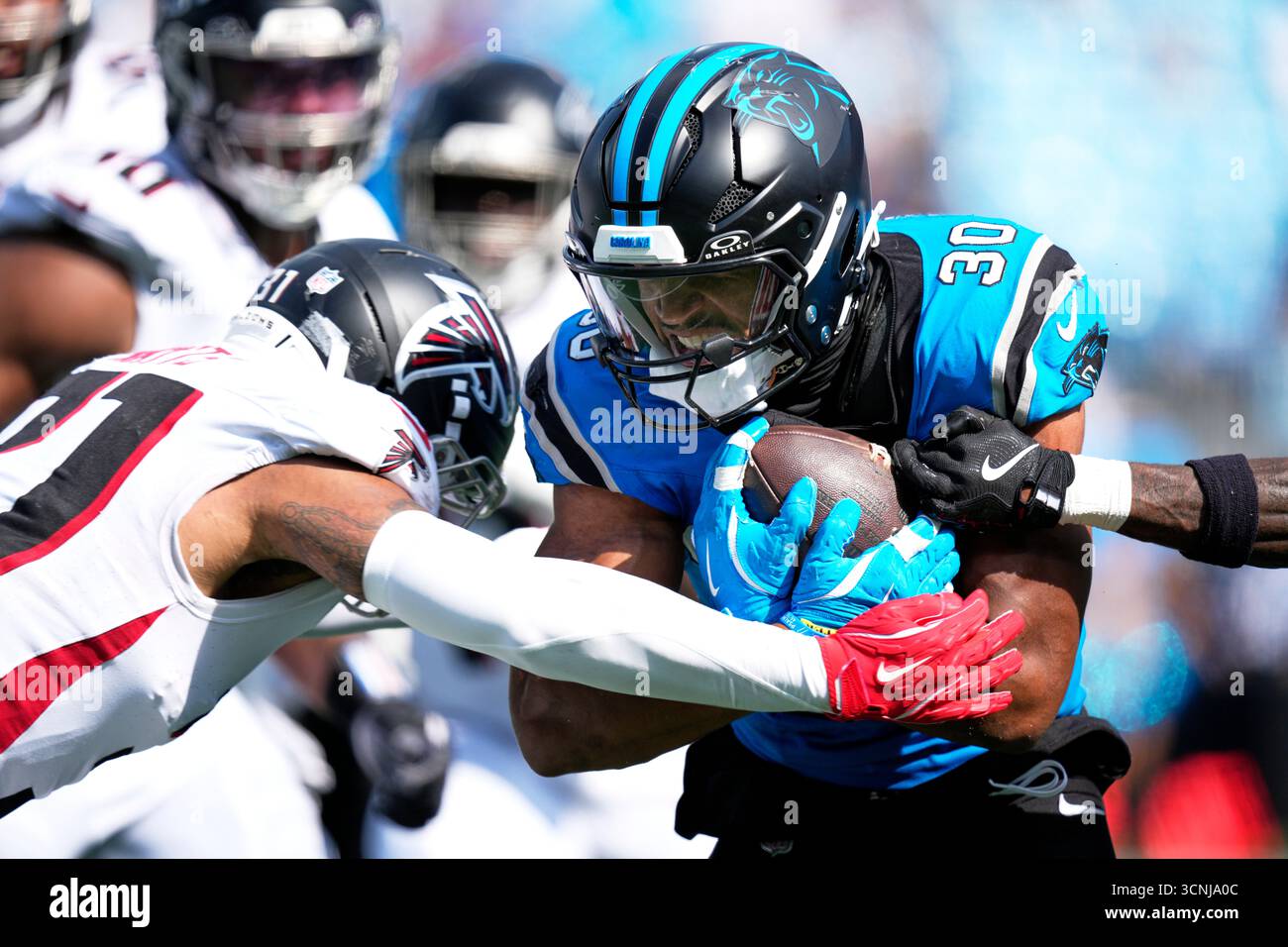 Carolina Panthers cornerback Corey Thornton is tackled by Atlanta ...