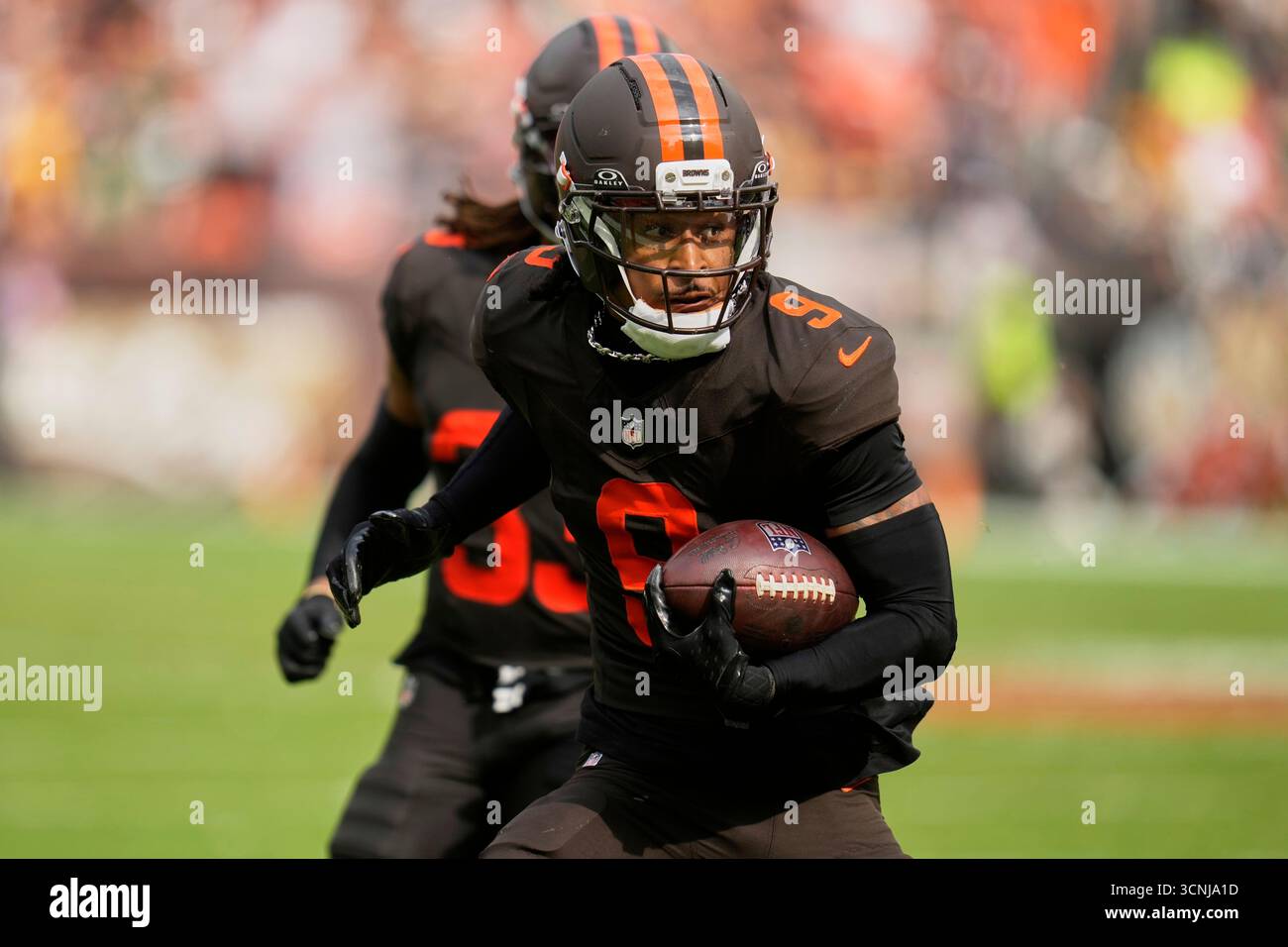 Cleveland Browns safety Grant Delpit runs after intercepting a pass ...