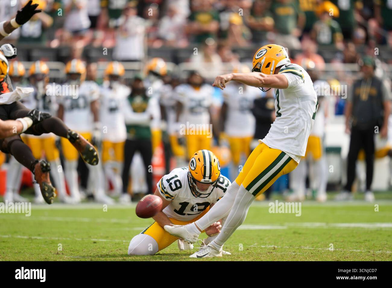 Green Bay Packers' Brandon McManus has a field goal blocked during the ...