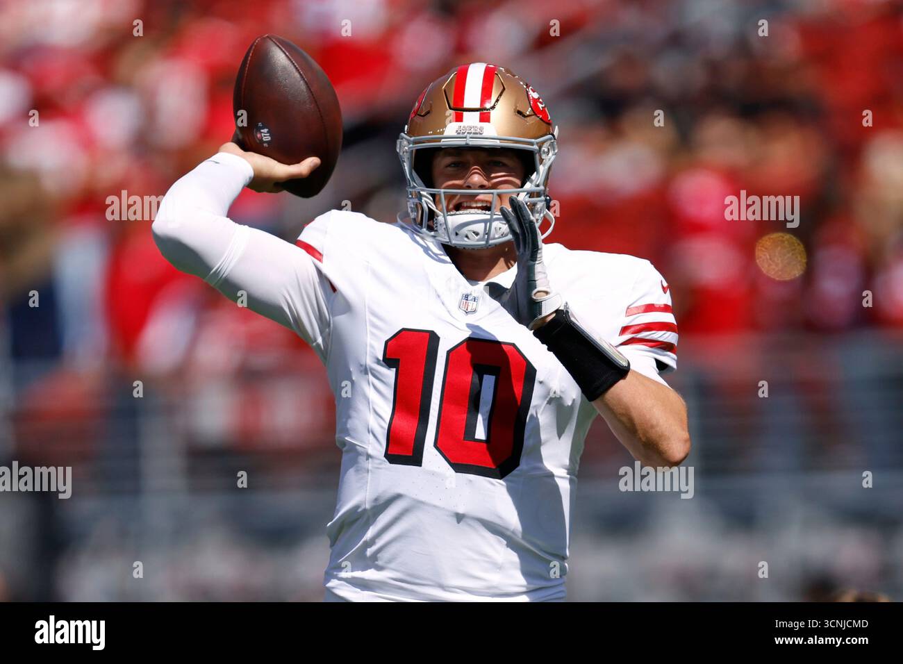 San Francisco 49ers quarterback Mac Jones warms up prior to an NFL ...