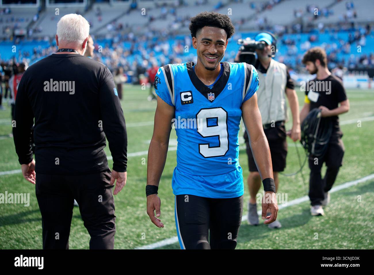 Carolina Panthers quarterback Bryce Young smiles after an NFL football game against the Atlanta ...