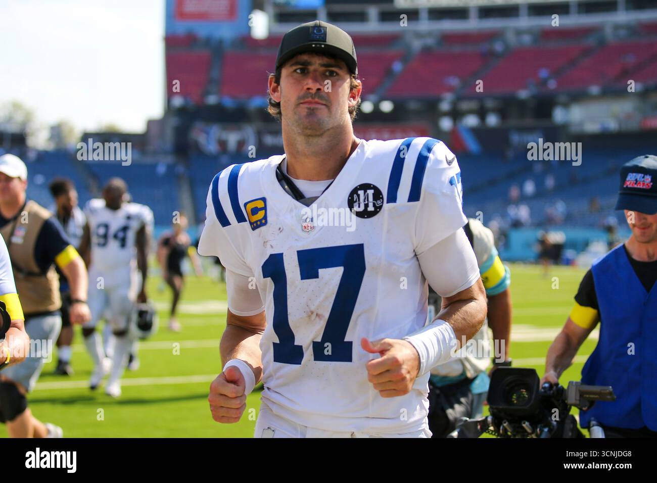 Indianapolis Colts quarterback Daniel Jones (17) runs off the field ...