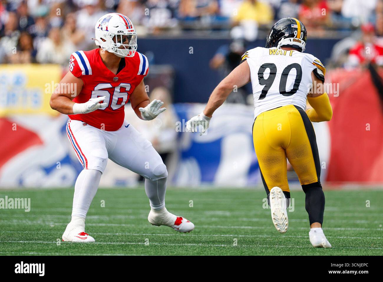 New England Patriots offensive tackle Will Campbell (66) prepares to ...
