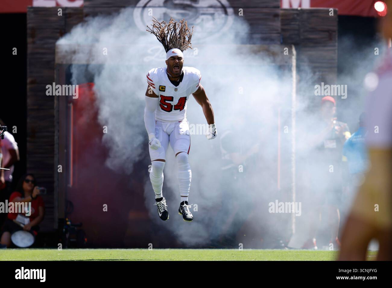 San Francisco 49ers middle linebacker Fred Warner takes the field prior ...