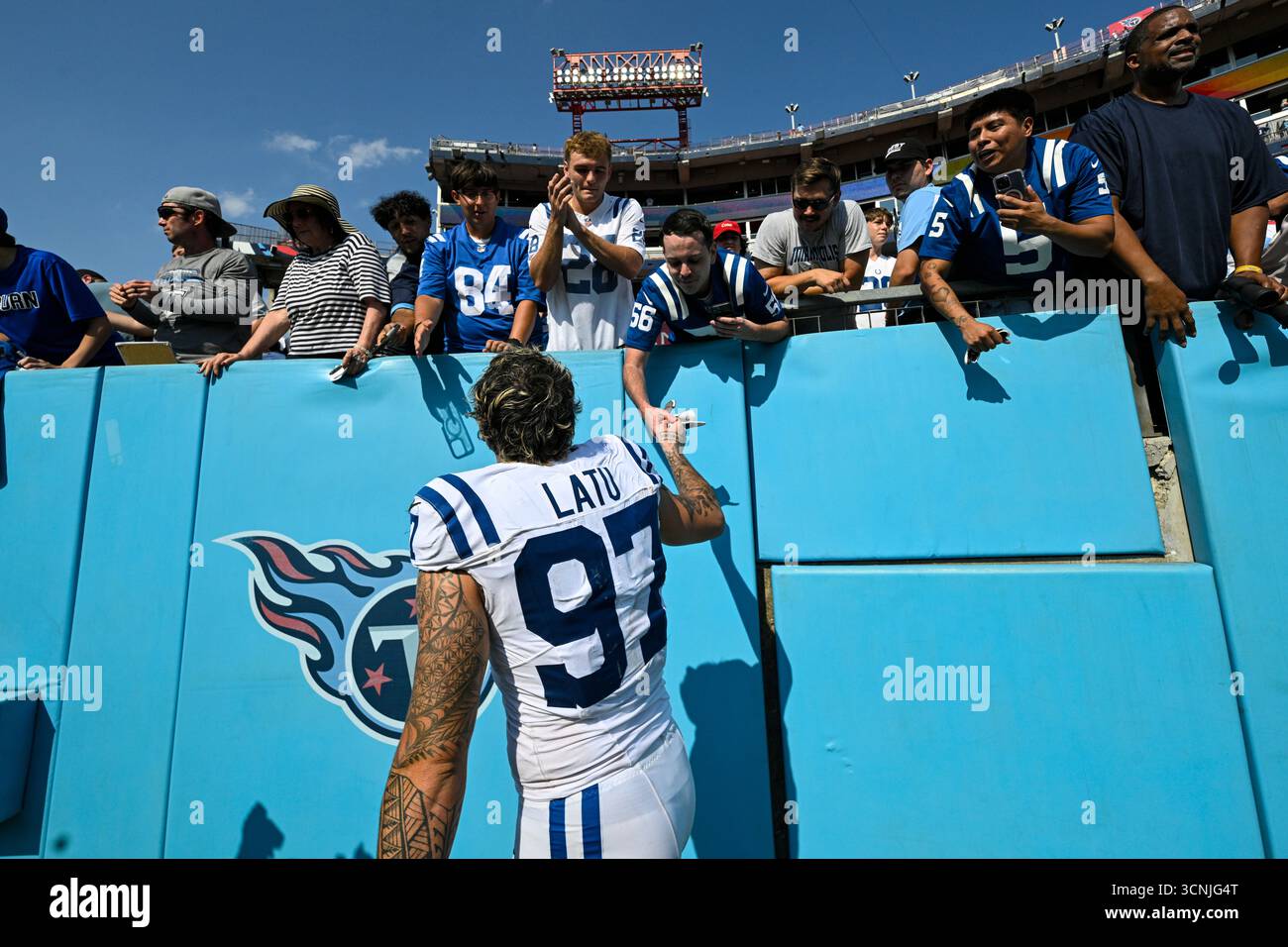 Indianapolis Colts defensive end Laiatu Latu (97) greets fan following ...