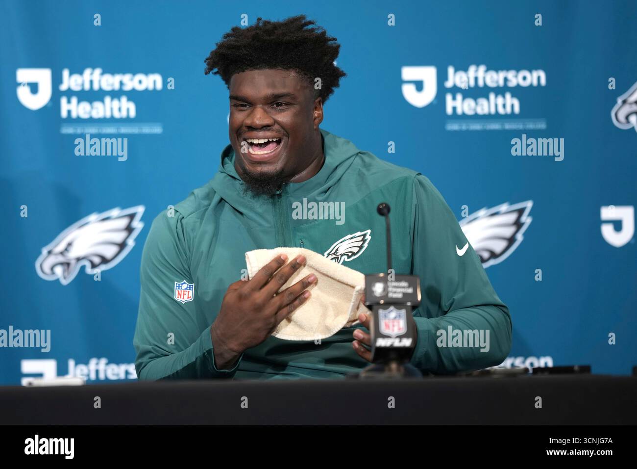 Philadelphia Eagles defensive tackle Jordan Davis speaks during a news ...