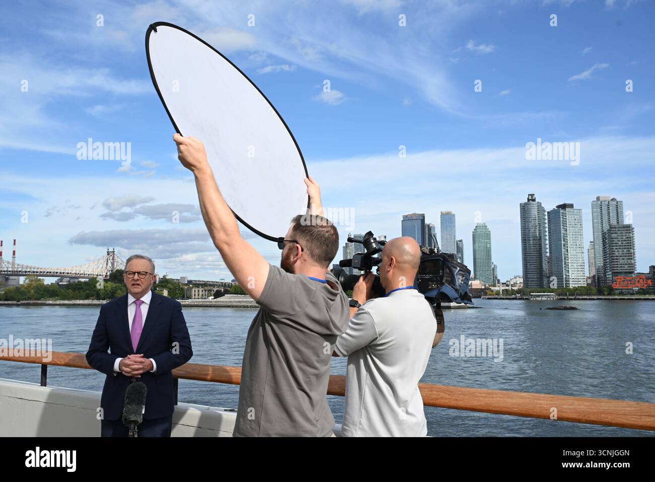 Australian Prime Minister Anthony Albanese speaks during TV interviews ...