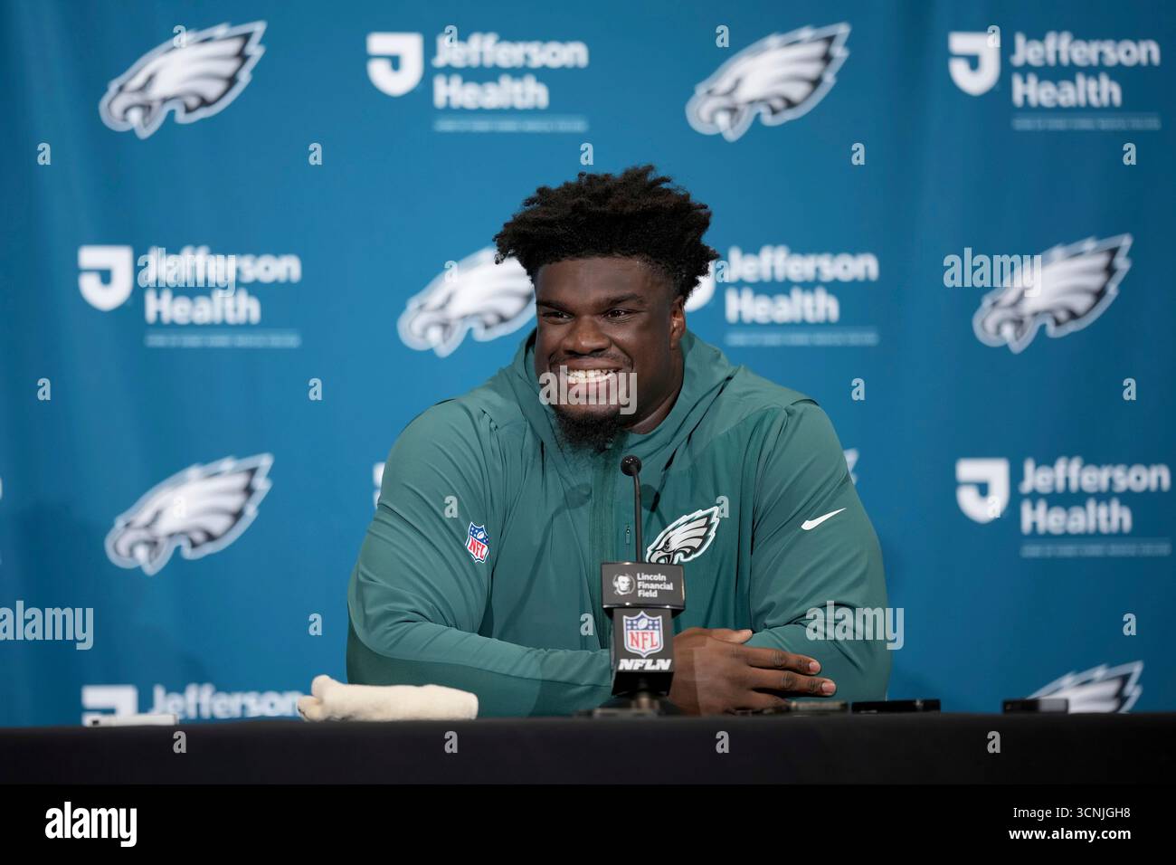 Philadelphia Eagles defensive tackle Jordan Davis speaks during a news ...