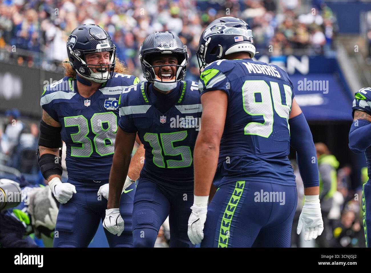 Seattle Seahawks wide receiver Tory Horton (15) celebrates returning a ...