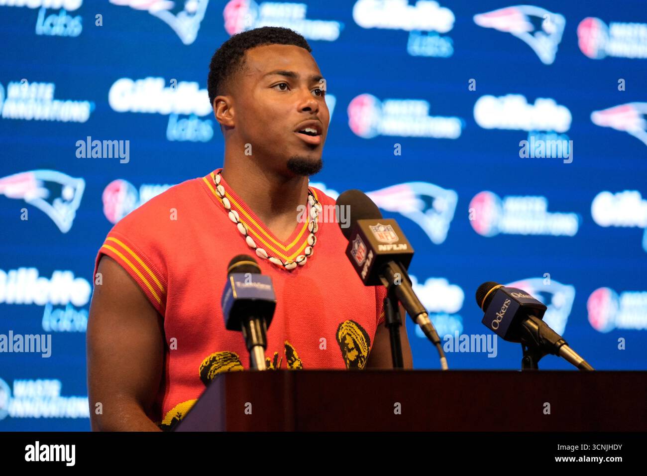 New England Patriots cornerback Marcus Jones (25) speaks in a press conference after an NFL ...