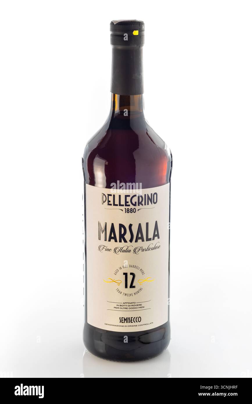 Italy - September 20, 2025: Bottle of semi-dry Marsala DOC wine aged in ...