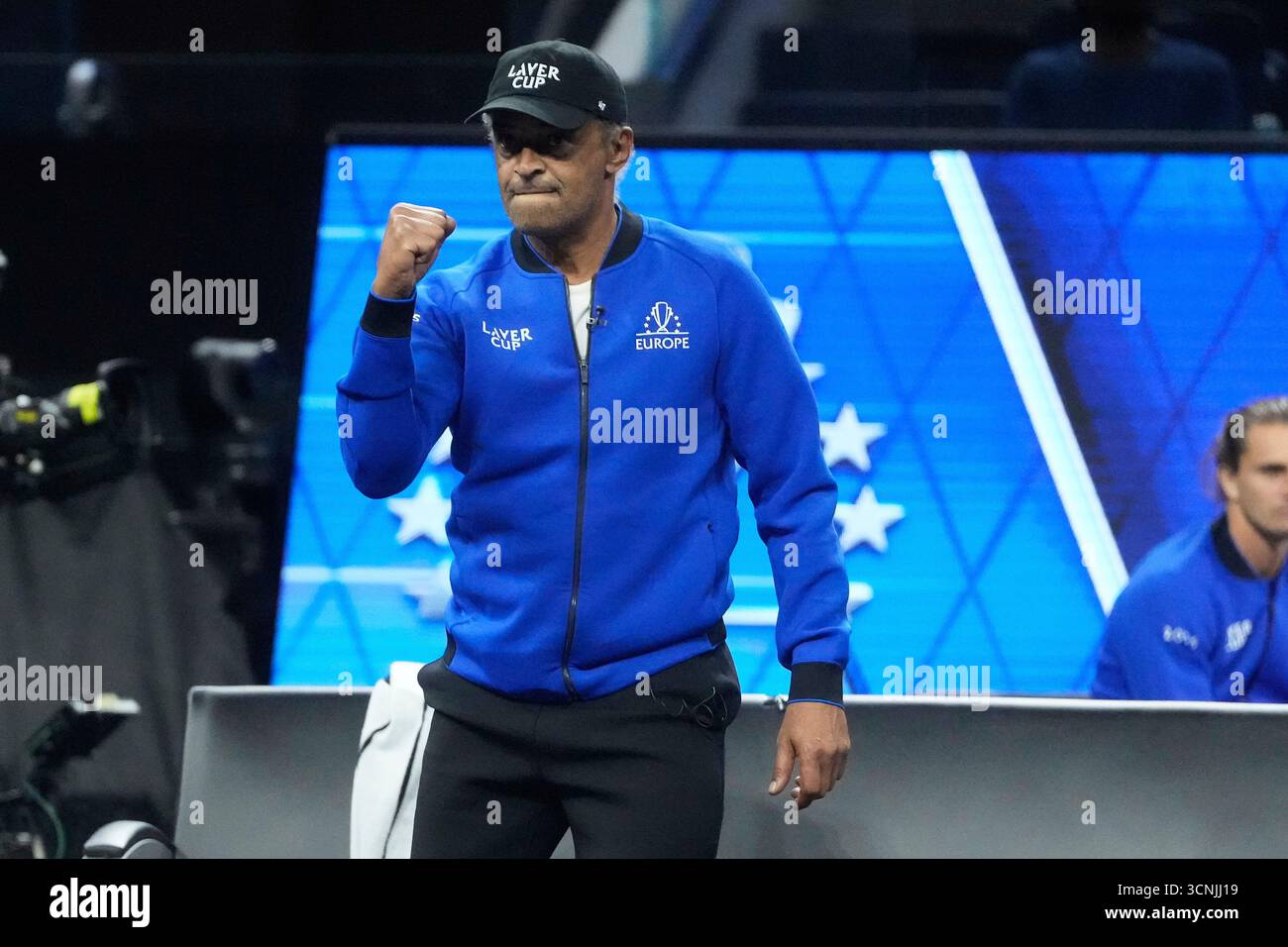 Team Europe captain Yannick Noah celebrates after teammates Casper Ruud ...