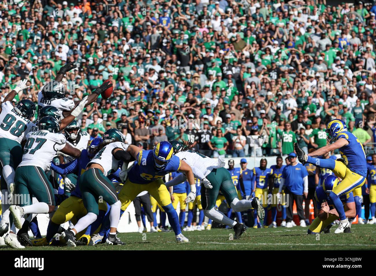 Los Angeles Rams kicker Joshua Karty has his field goal kick blocked by ...