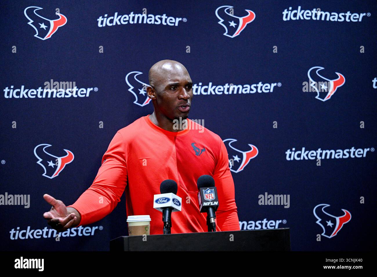 Houston Texans head coach DeMeco Ryans talks to reporters following an ...
