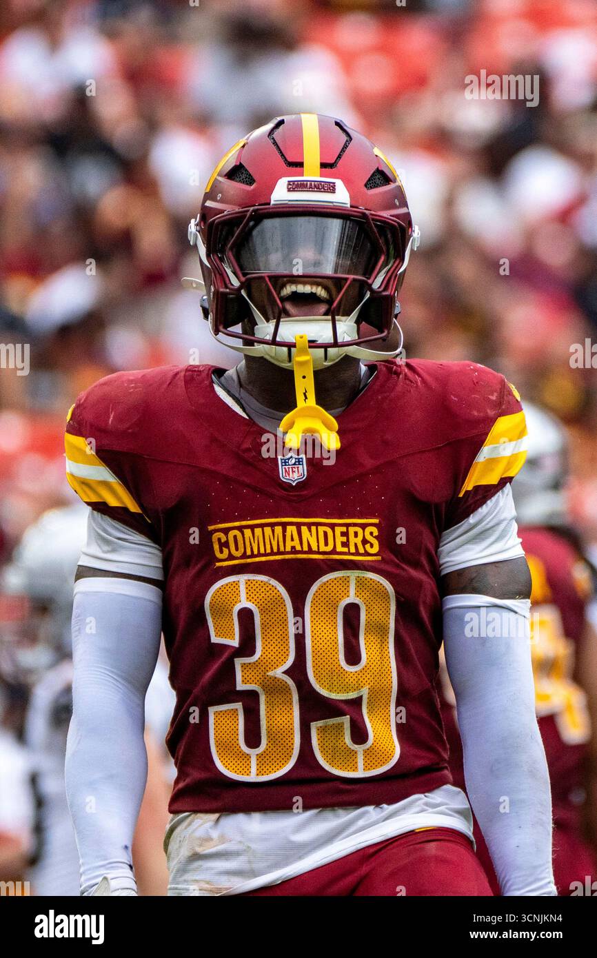 Washington Commanders safety Jeremy Reaves (39) reacts after stopping a ...