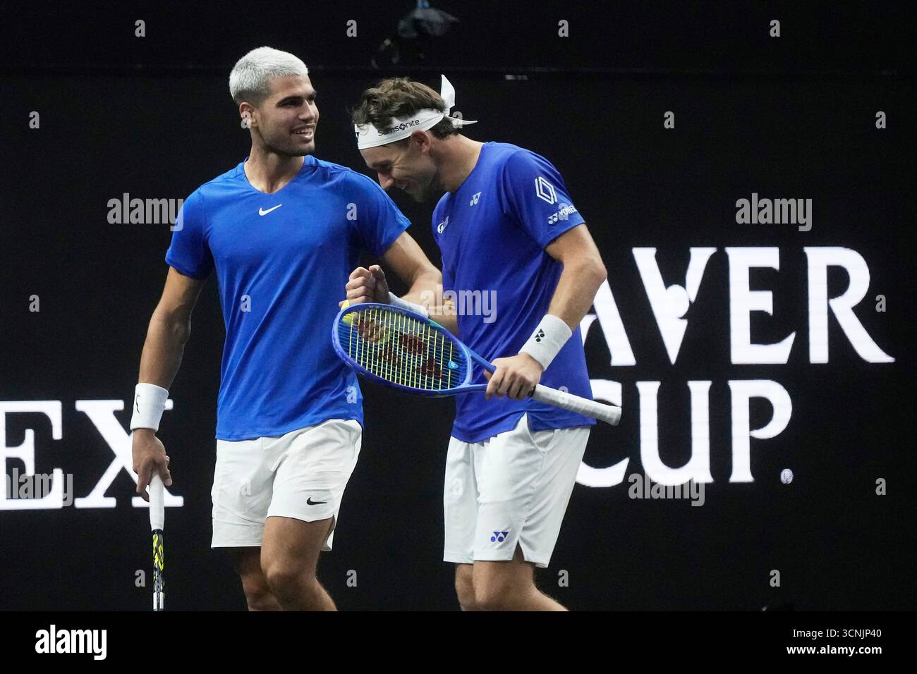 Team Europe's Carlos Alcaraz, of Spain, left, and teammate Casper Ruud ...