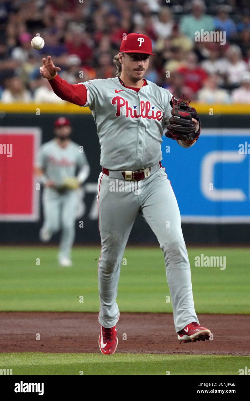 Philadelphia Phillies second base Bryson Stott (5)makes the off balance ...