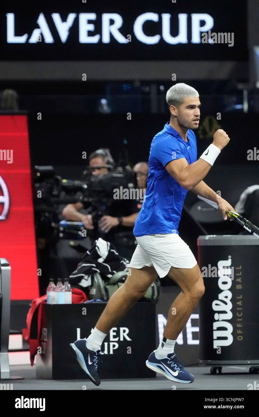 Team Europe's Carlos Alcaraz, of Spain, celebrates after he and ...