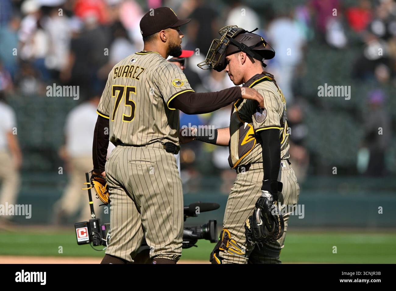 San Diego Padres closing pitcher Robert Suarez (75) celebrates with ...