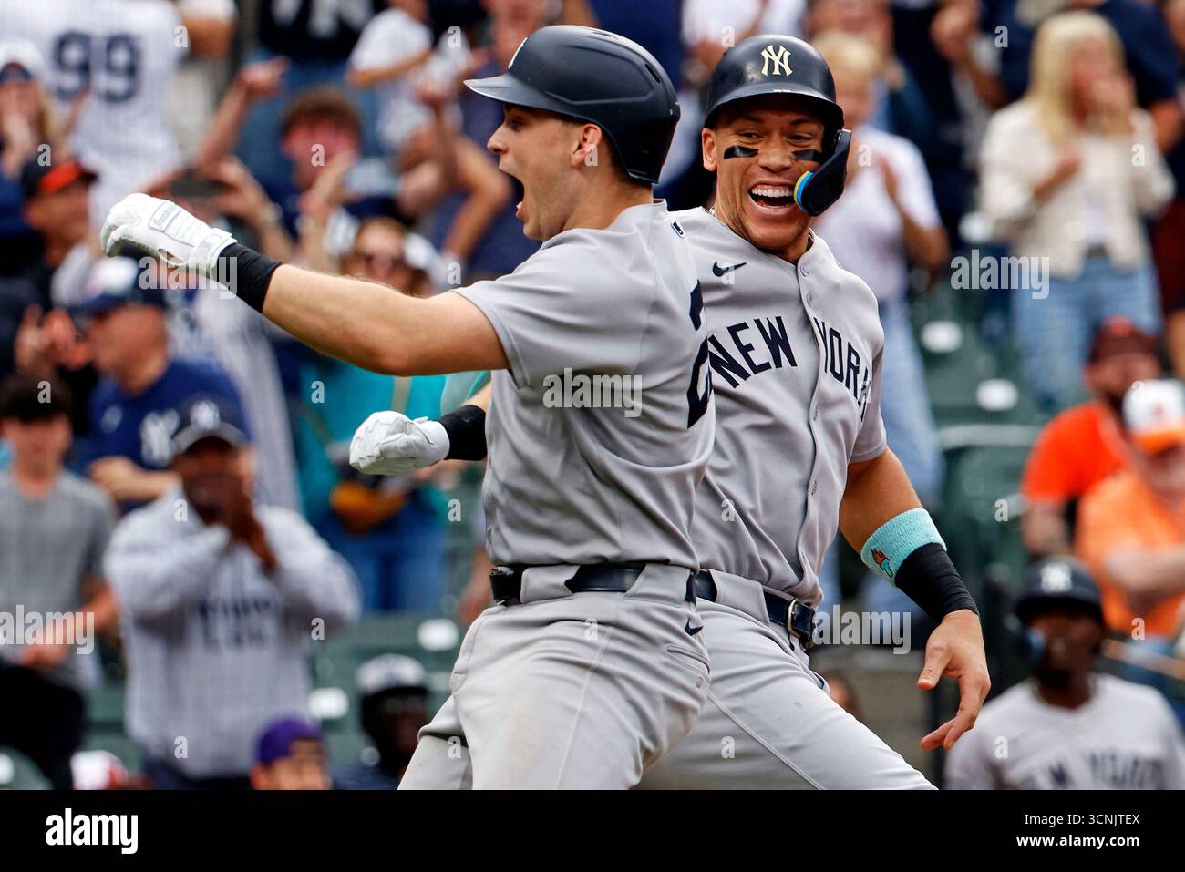 New York Yankees' Ben Rice, left, celebrates with Aaron Judge, right ...