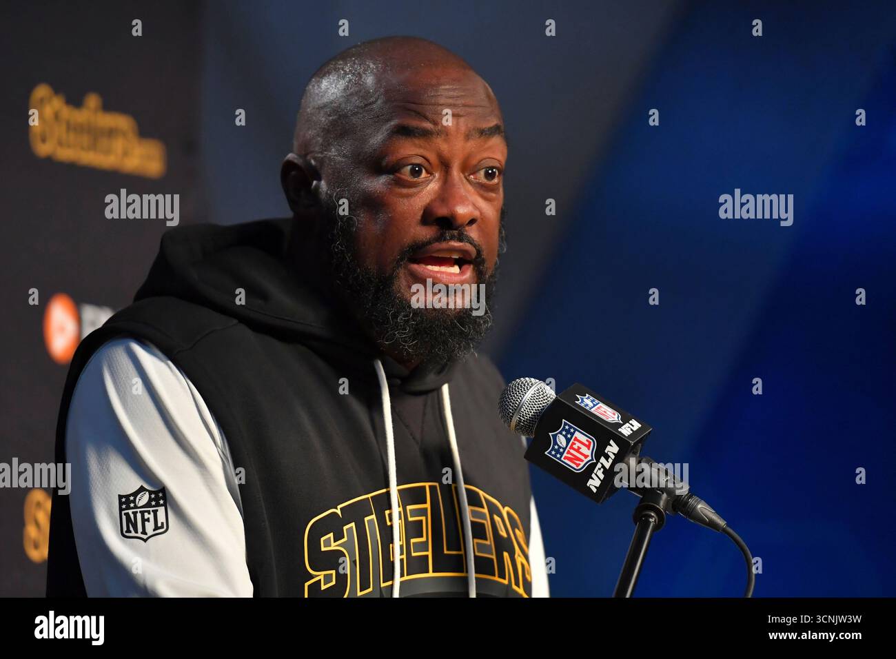Pittsburgh Steelers head coach Mike Tomlin faces reporters following an ...